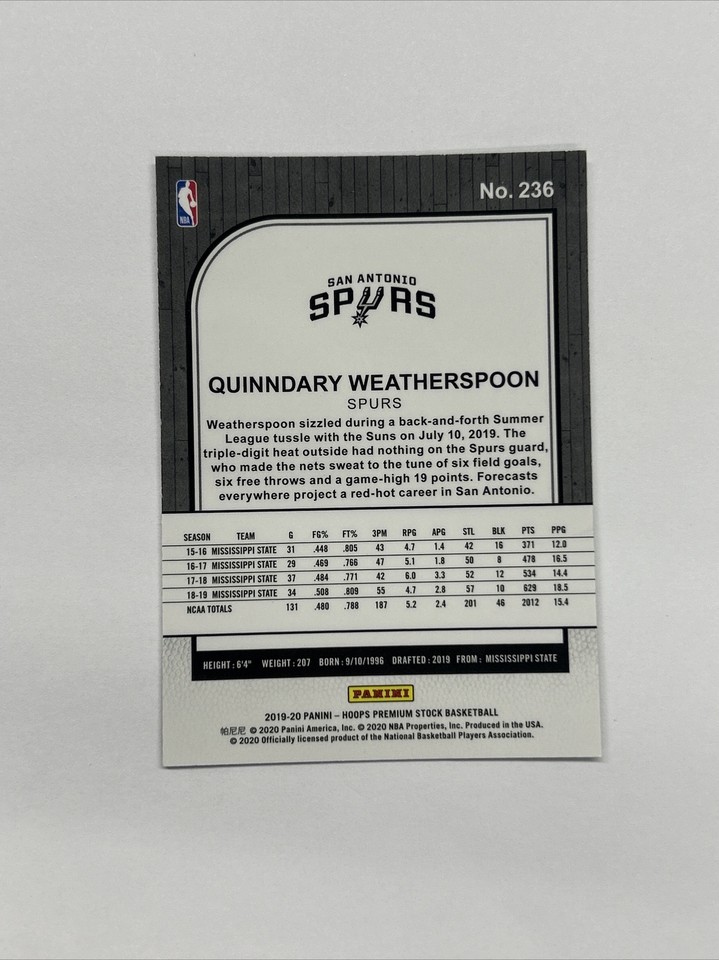 Quinndary Weatherspoon 2019-20 Panini NBA Hoops #236 Rookie Card RC ...