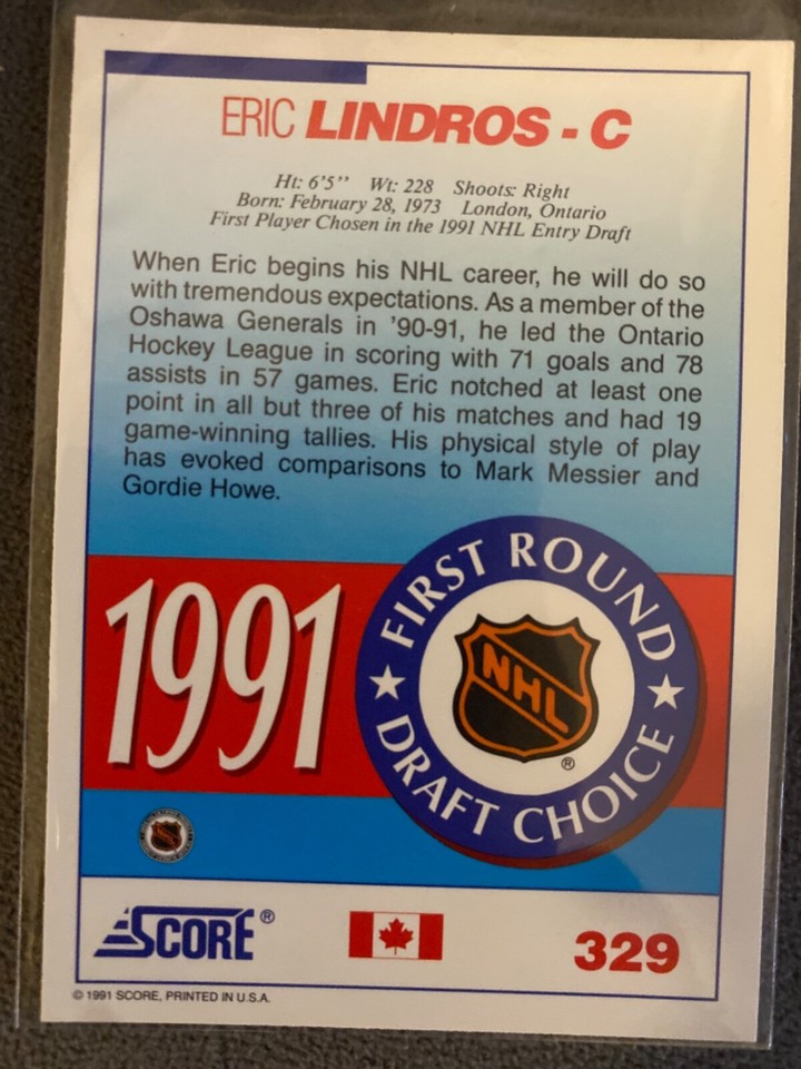 1991 Score Eric Lindros 329 First Round Draft Choice RC Rookie | eBay