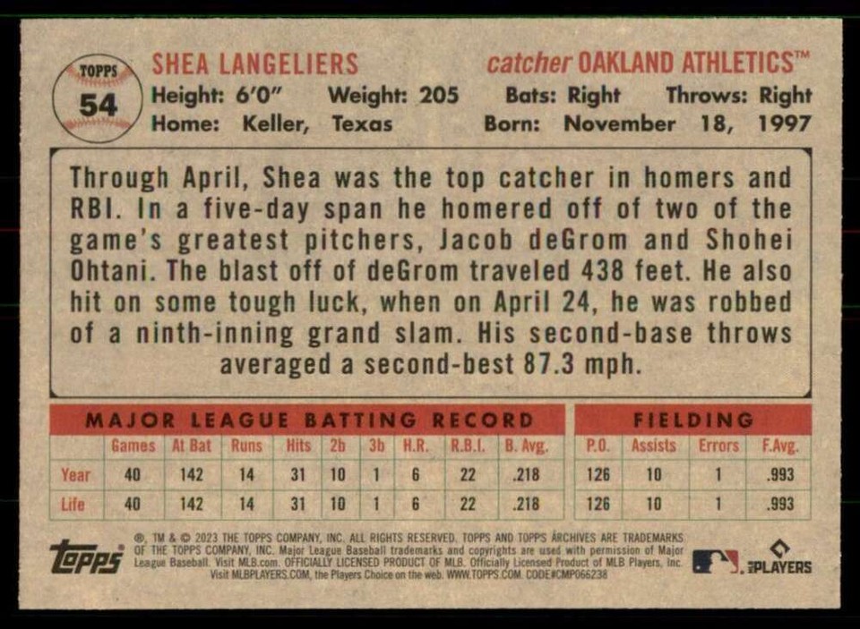 SHEA LANGELIERS 2023 Topps Archives #54 ROOKIE MLB Athletics ID:86308 ...