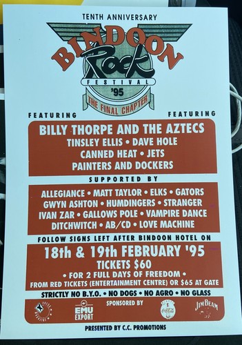 BINDOON ROCK 1995 Perth Australia Concert Flyer A4 High Quality ...