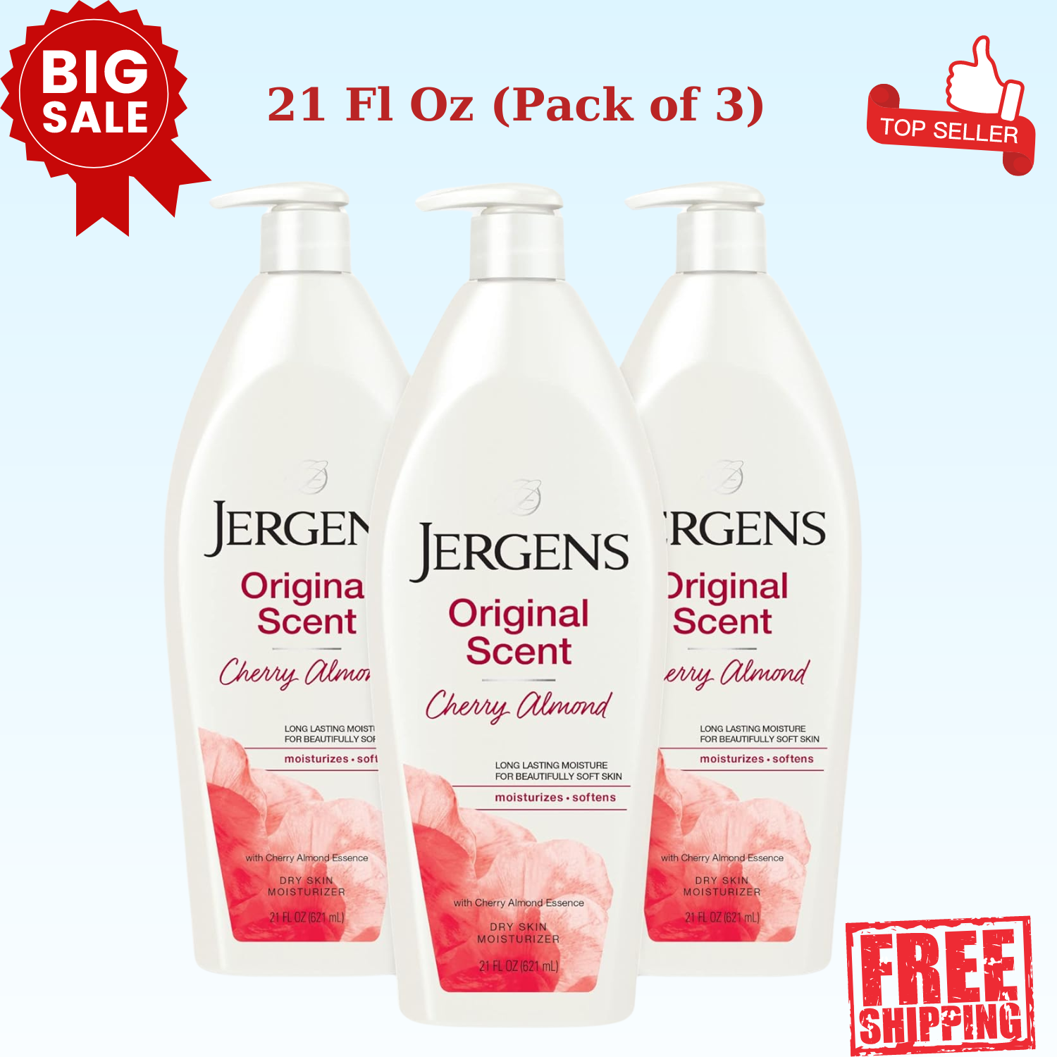 3 Pack Jergens Original Scent Body Lotion, Cherry Almond, Moisturizing ...