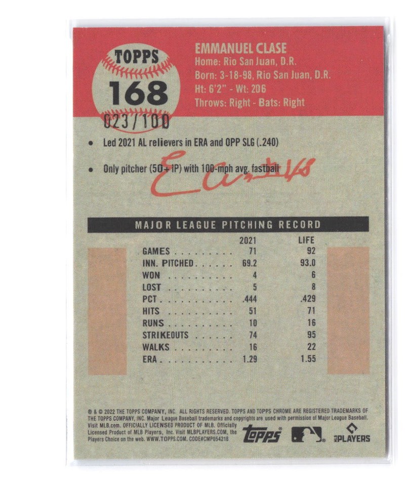 2022 Topps Chrome Platinum Emmanuel Clase #/100 Blue Atomic Refractor ...