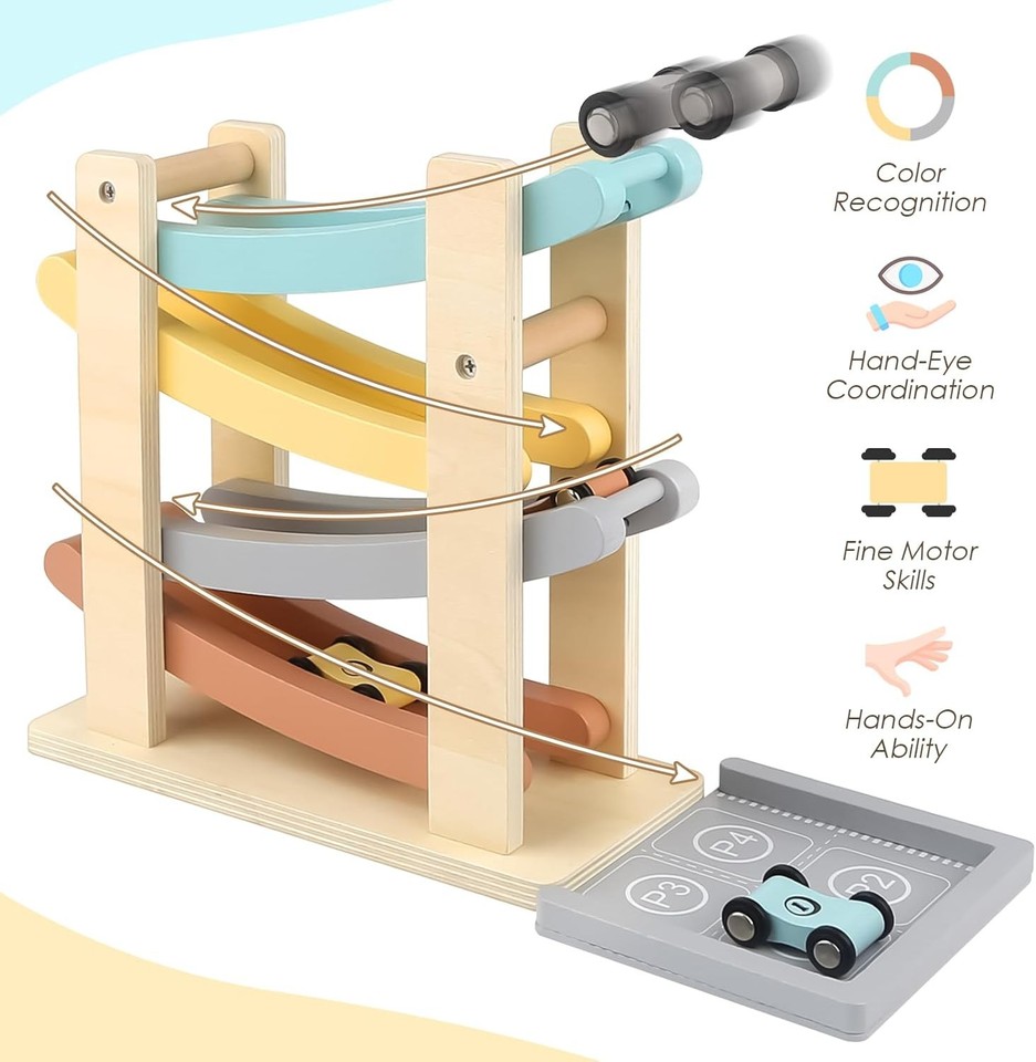 Wooden Car Ramp Toy – Click Clack Track with 4 Cars & Garage, Age 1–2 ...