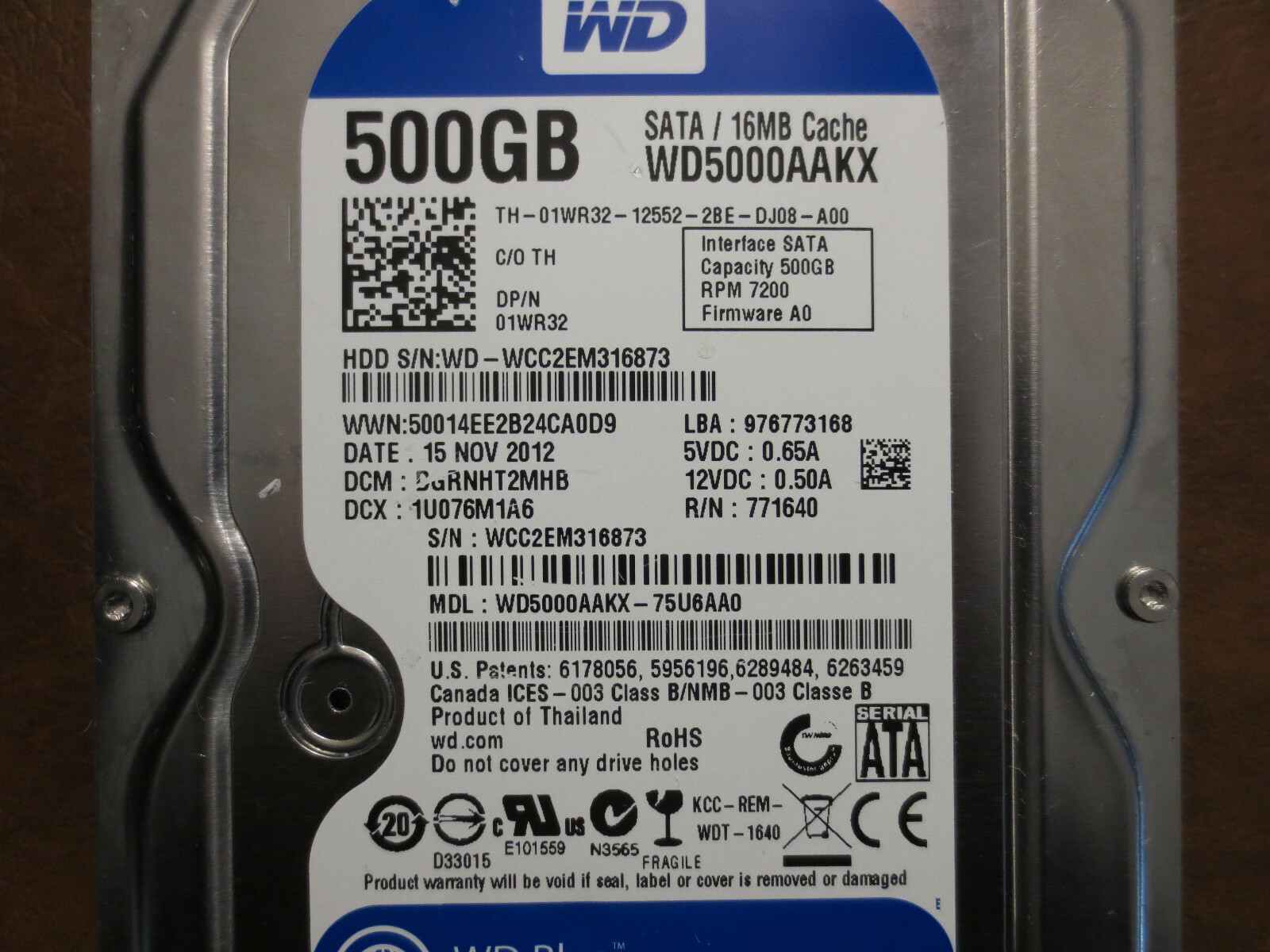 Western Digital WD5000AAKX-75U6AA0 DCM:DGRNHT2MHB 500gb 3.5" Sata Hard ...