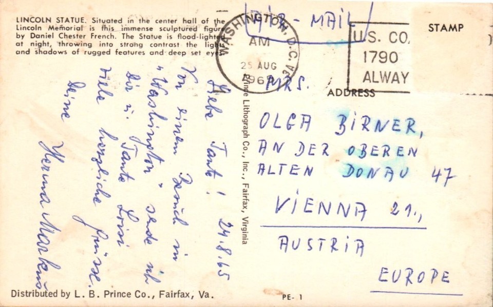 Postcard-Lincoln Statue Lincoln Memorial Washington DC Posted 1965 1610 ...