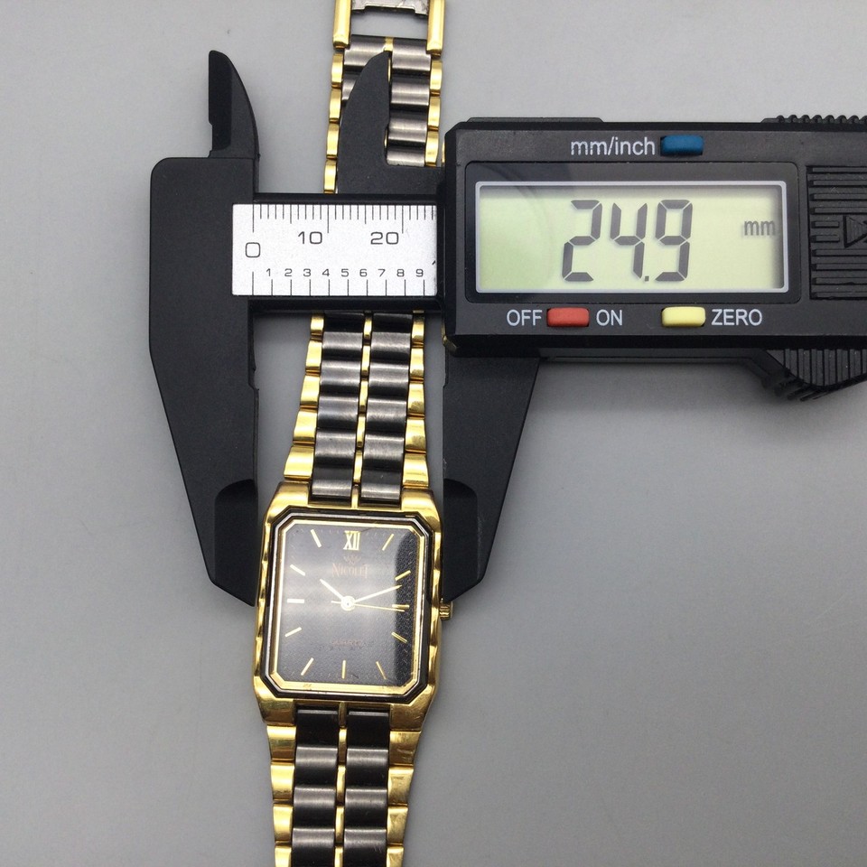 Vtg Nicolet Watch Mens Black Gold Tone Stainless Bracelet 25mm New ...