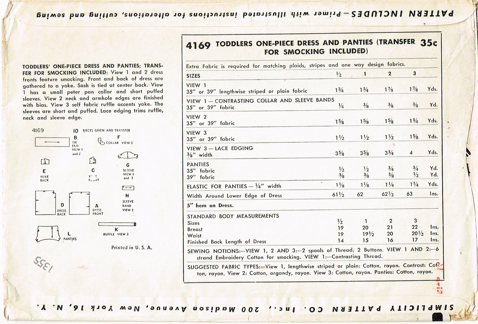 1950s Vintage Simplicity Sewing Pattern 4169 Toddler Girls Smocked ...