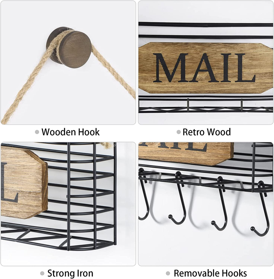 Mail Organizer Wall Mount, Rustic Mail Holder with Hooks, Easy Assembly ...