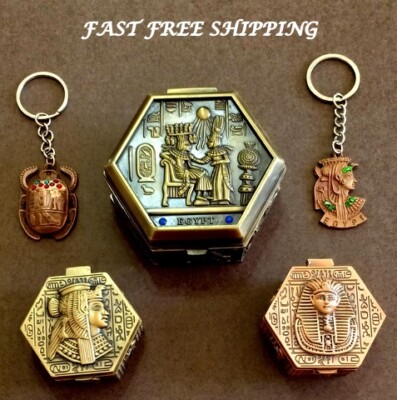 3 Egypt Pharaoh Carved Metal Pewter Storage Jewelry Box +2 Keychains ...