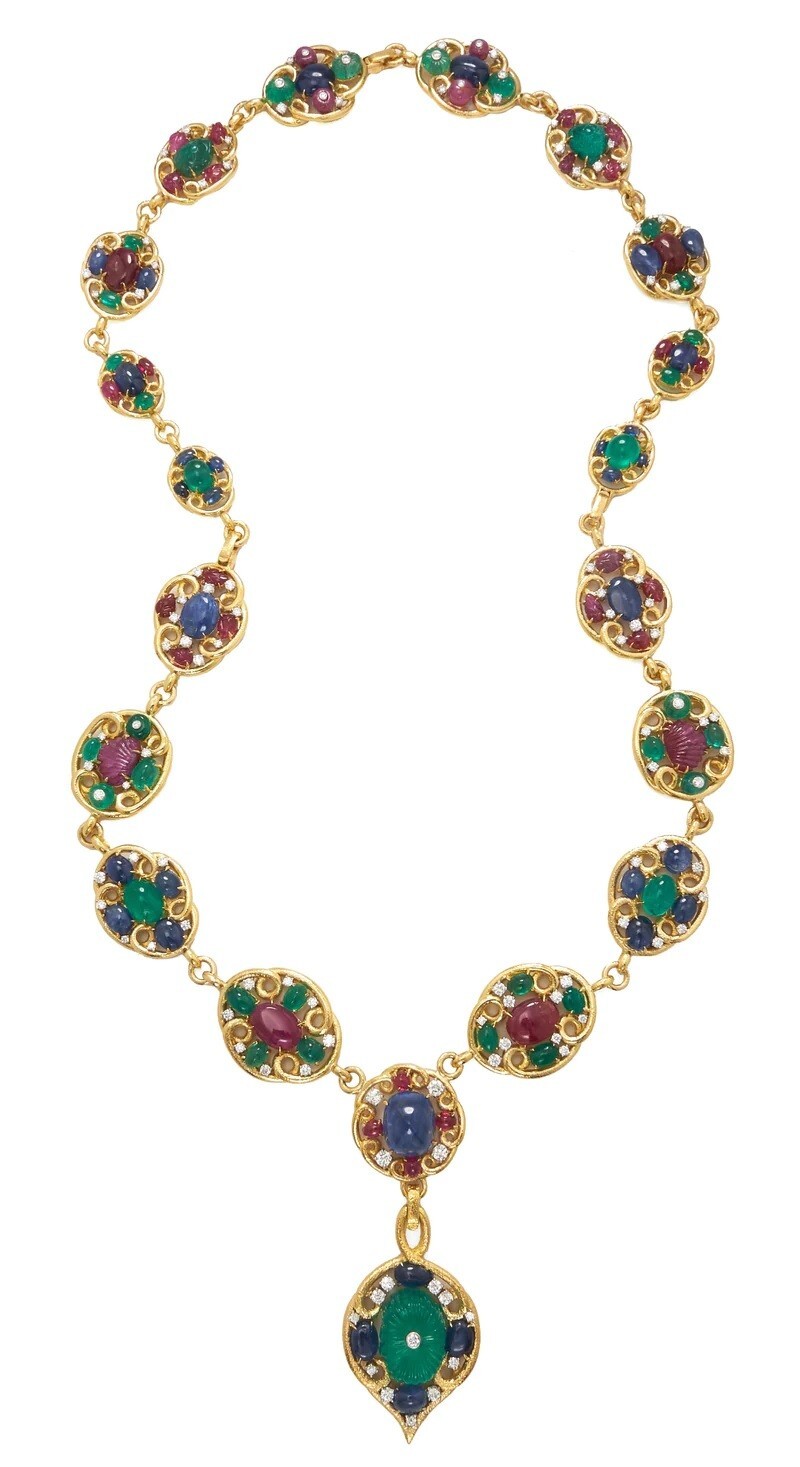 Arabesque Necklace Handcrafted Cabochon & Carved Gemstone 14k Gold ...