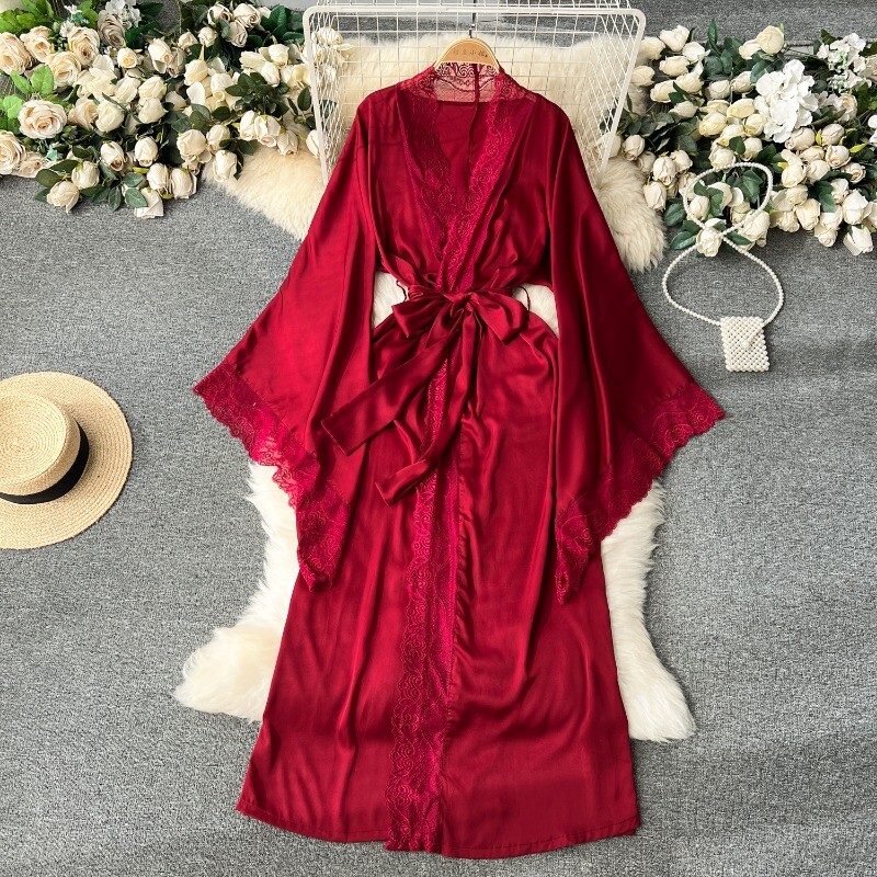 Lady Silky Lace Trim Pajama Nightgown Jacket Midi Loose Robe Cape with ...
