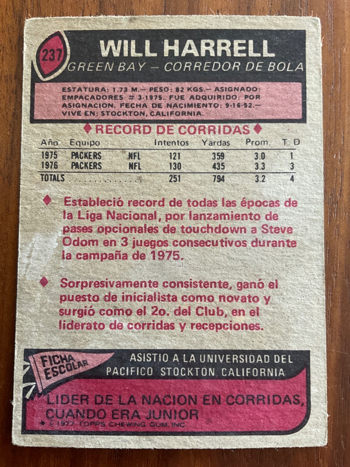 1977 Topps Mexican Football Card #237 Will Harrell of Packers, short ...