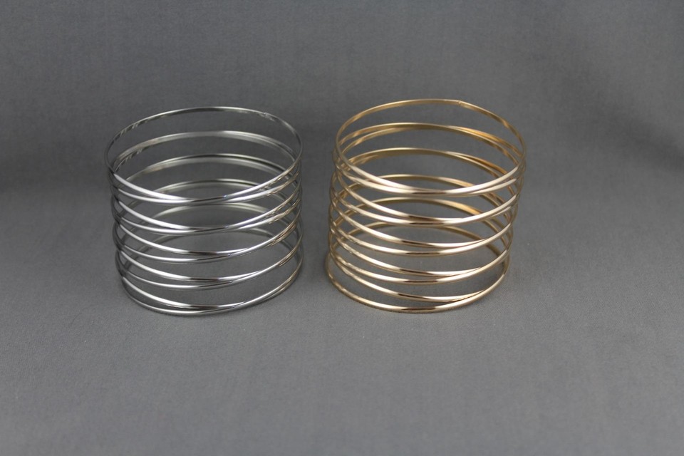 Silver spiral bracelet coil spring stacked style metal bangle cuff wide ...