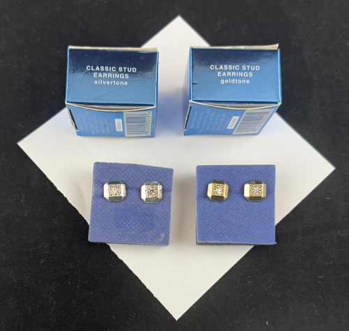 CLASSY AVON 2-PC LOT CLASSIC STUD EARRINGS IN GOLDTONE AND SILVERTONE ...