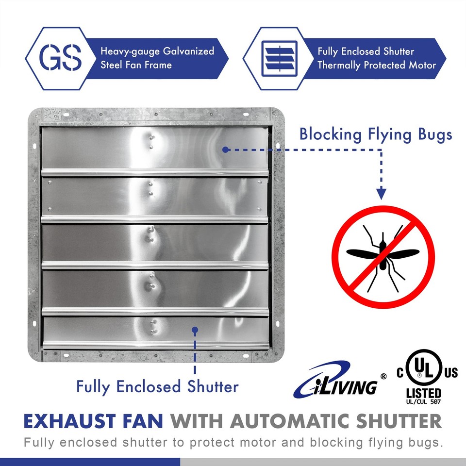 iLIVING 20 Wall Mounted Shutter Exhaust Fan Automatic Shutter with ...
