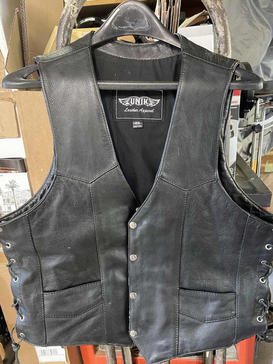 Unik Heavy Leather Vest Mens Size 44 Black Biker Motorcycle Unik Heavy Leather Vest Mens Size 44 Black Biker Motorcycle