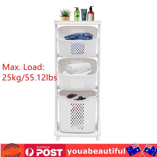 Laundry Basket Clothes Washing Storage Hamper Bin Wheeled 3 Tier Shelf ...