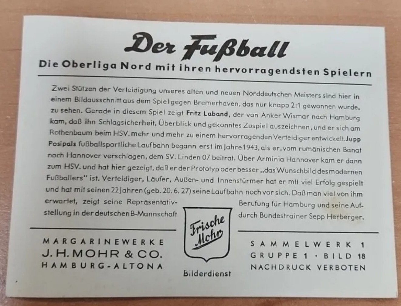 #25 Mohr Bilderdienst 1950/51 Fritz Laband Hamburger SV rar BildNr.18 ...