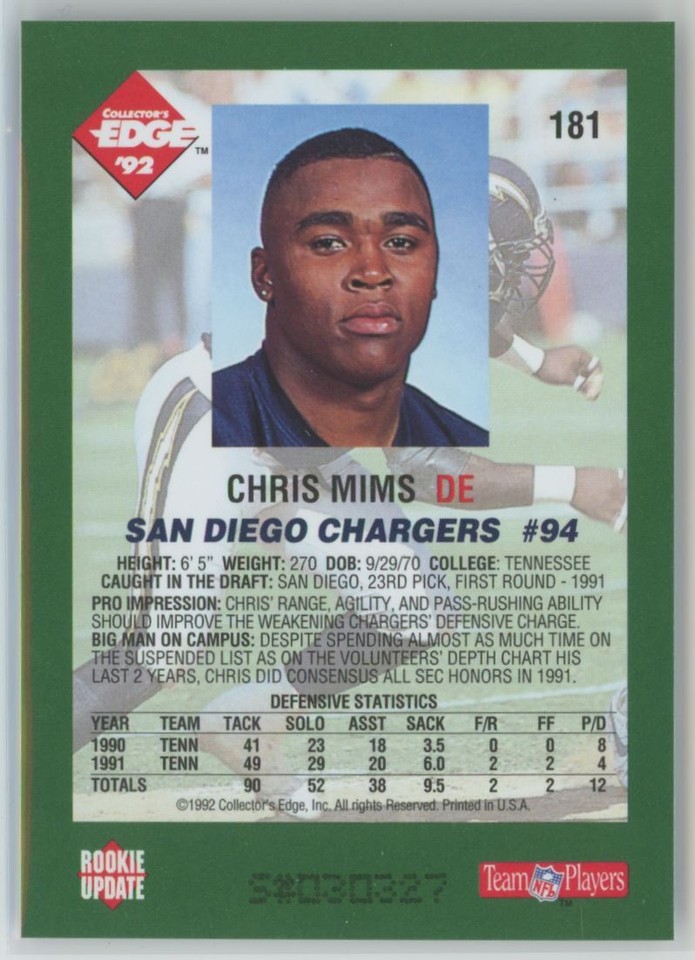 1992 Collector's Edge Chris Mims Rookie San Diego Chargers #181 | eBay