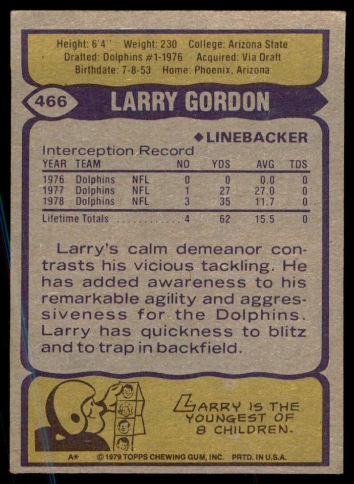 1979 TOPPS LARRY GORDON . MIAMI DOLPHINS #466 | eBay