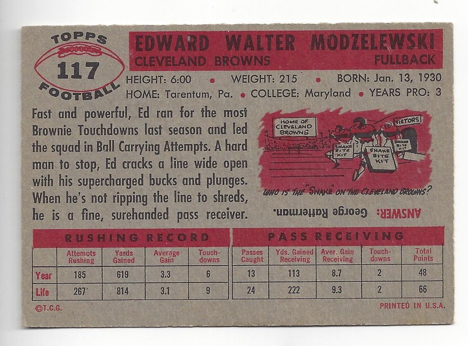 Ed Modzelewski 1956 Topps NFL Football Card #117 Browns | eBay