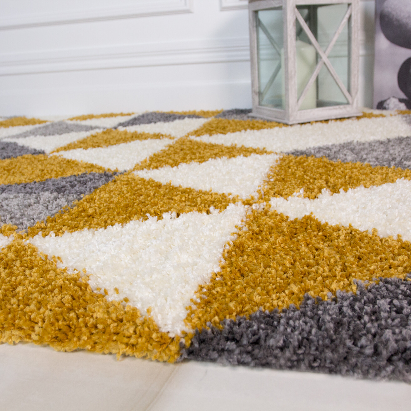 Yellow Mustard Quality 5cm Thick Shaggy Rugs Moroccan Geometric Non ...