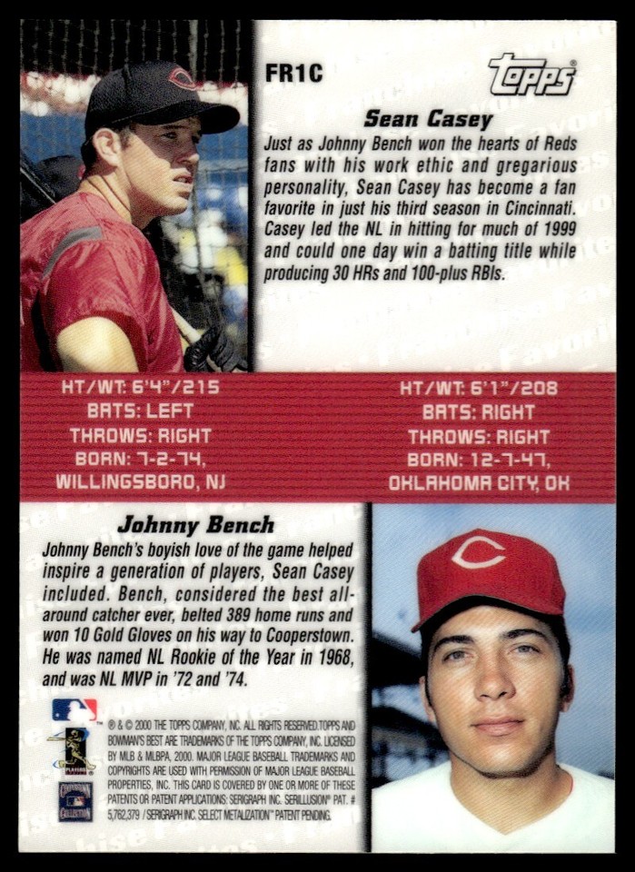2000 Bowman's Best Franchise Favorites Sean Casey/Johnny Bench ...