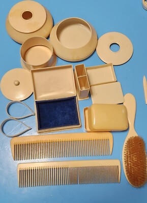 French Ivory Mix Celluloid Bakelite Vanity Set Brush Comb Toothbrush ...