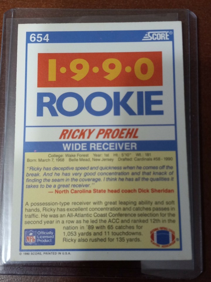 1990 Score Ricky Proehl #654 Rookie RC Cardinals Rams Wake Forest | eBay
