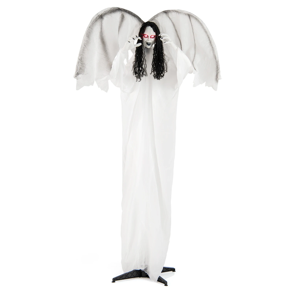 White Metal Fabric Animated Halloween Angel Prop with Wings and Sound ...