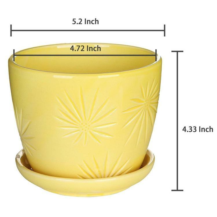 Yellow Ceramic Planter Pots, 5-Inch Round Plant Containers w/ Saucers ...
