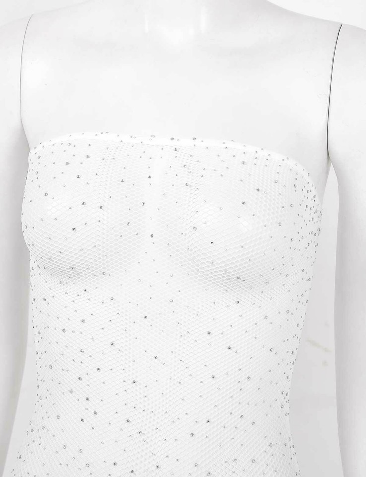 Women Rhinestone Short Mini Dress Fishnet Sheer Tube Dress Bodycon ...