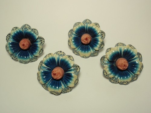 Lot 4 Vintage Enamel Blue Flower Floral Push Pin Curtain Tie Backs | eBay