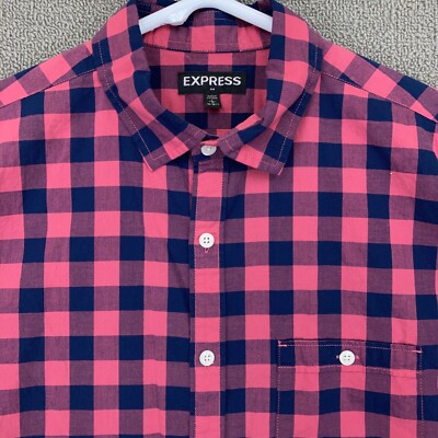 Express Button Up Shirt Mens Large Short Sleeve Pink Black Check Cotton ...