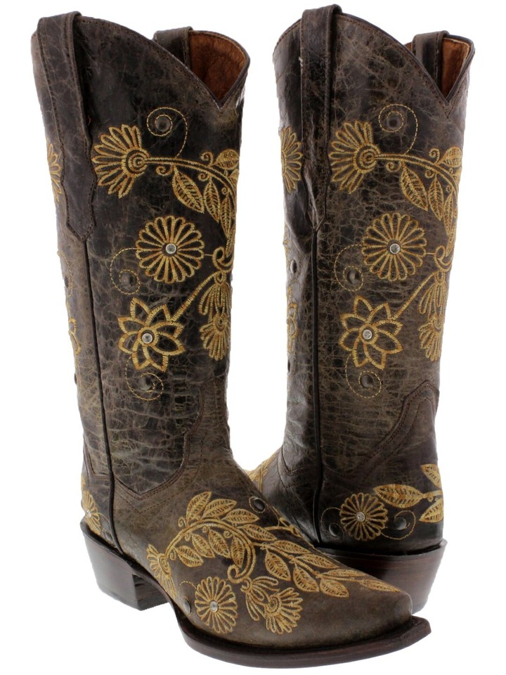 Womens Brown Western Leather Cowboy Boots Snip Toe Western Wear Botas ...