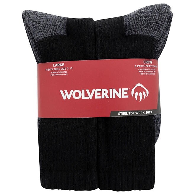 Wolverine Men's Steel Toe Cotton Work Crew Socks, 7-12 Shoe Size, Black ...
