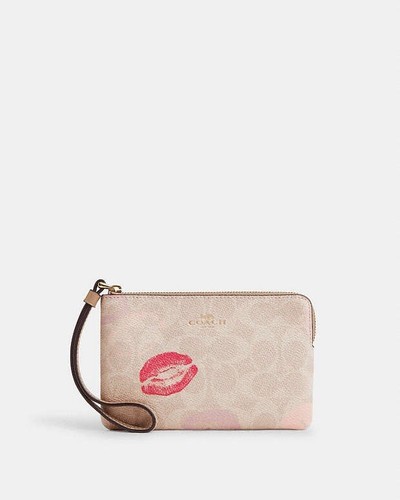 Coach Corner Zip Wristlet In Signature Canvas With Lips Print Bag ...