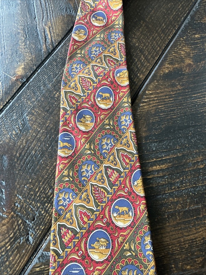 Salvatore Ferragamo Silk Designer Necktie Animals Pattern Red Blue ...
