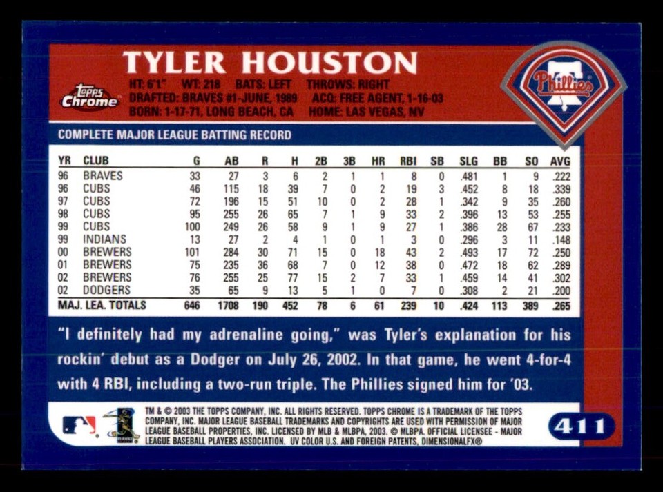 2003 Topps Chrome #411 Tyler Houston Philadelphia Phillies | eBay