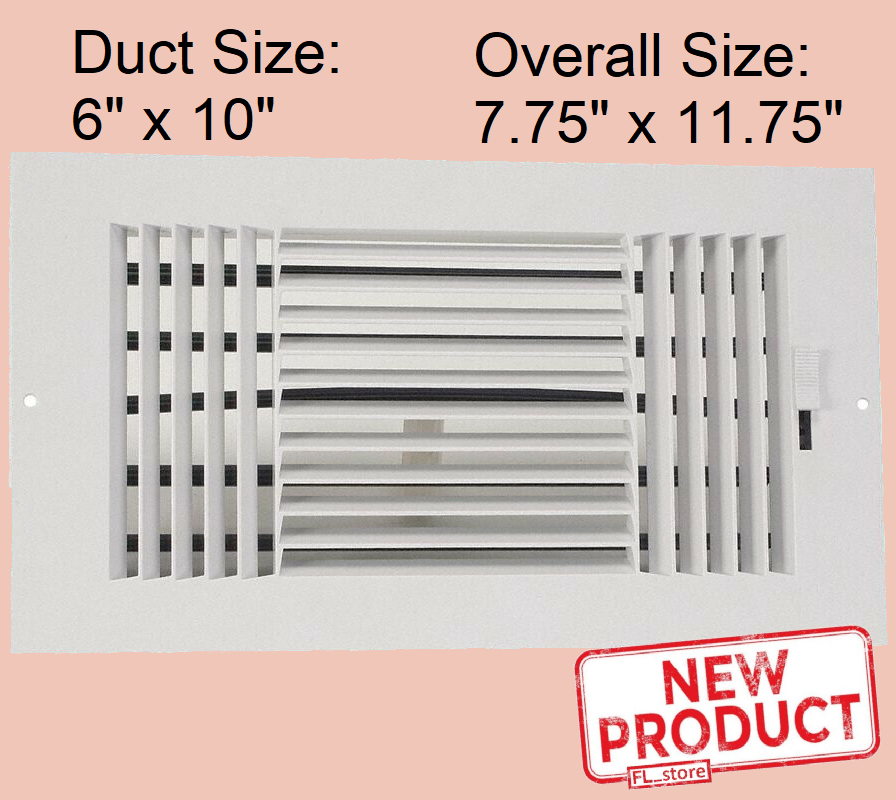 Plastic Air Register AC Heat 6 x 10" Duct Size 3-Way White Wall Ceiling ...