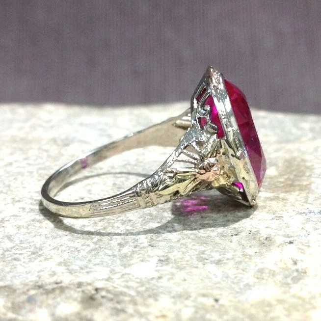 Vintage Man-Made Pink Ruby & Tri-Color 10K Gold Ladie… - Gem