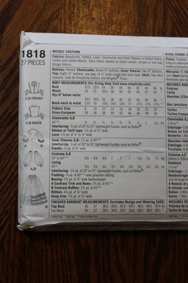 Simplicity 1818 1800s Day Dress Costume Sewing Pattern Size Misses' 8 ...
