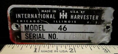 IH International Harvester 46 Hay Baler Serial Number Plate ID Tag ...