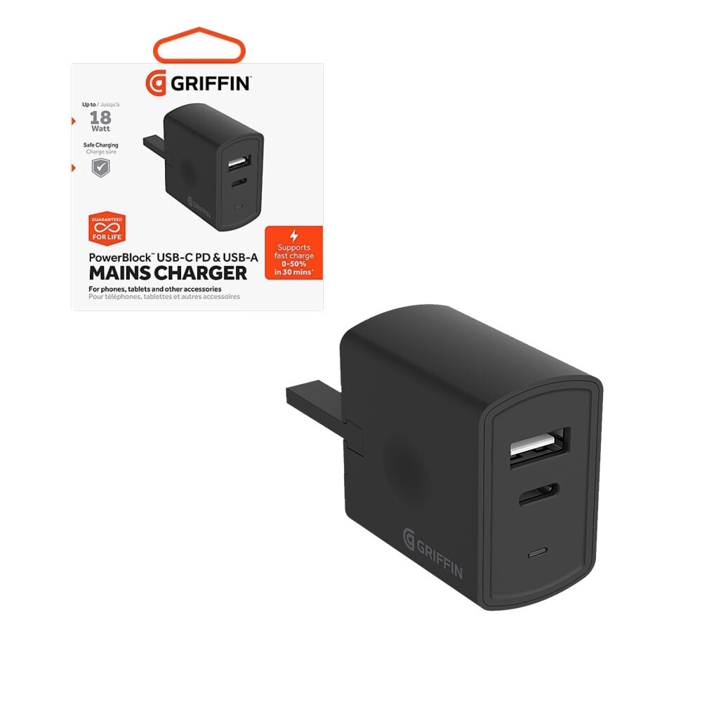 Griffin Powerblock Dual USB-C 15W and USB-A 18W Wall Charger UK Plug ...
