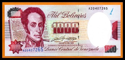 Venezuela UNC Note 1000 Bolivares August 1991 P-73a First Date ...