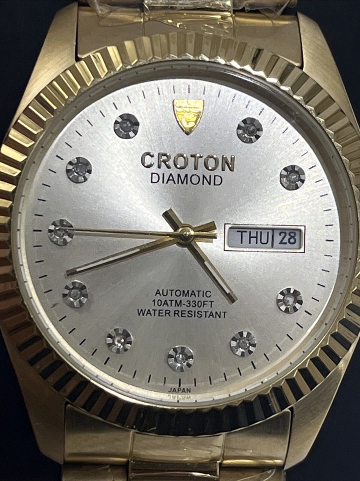 New Croton 10ATM 10 Diamonds & Gold Tone Stainless Automatic Mens Watch ...