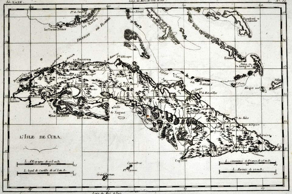 1780 Bonne Map Cuba Havana Bahamas Florida Keys West Indies Caribbean ...