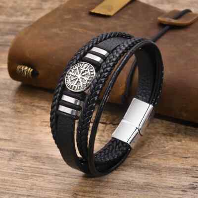 Men Multilayer Compass Braided Leather Stainless Steel Magnetic ...