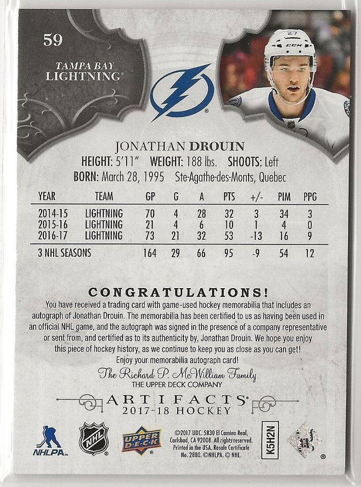 2017 2017-18 Artifacts Autograph Materials Silver #59 Jonathan Drouin 99/99 | eBay