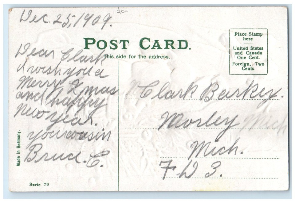 1909 Christmas Tree Angels Decorating Winter Embossed Posted Antique ...